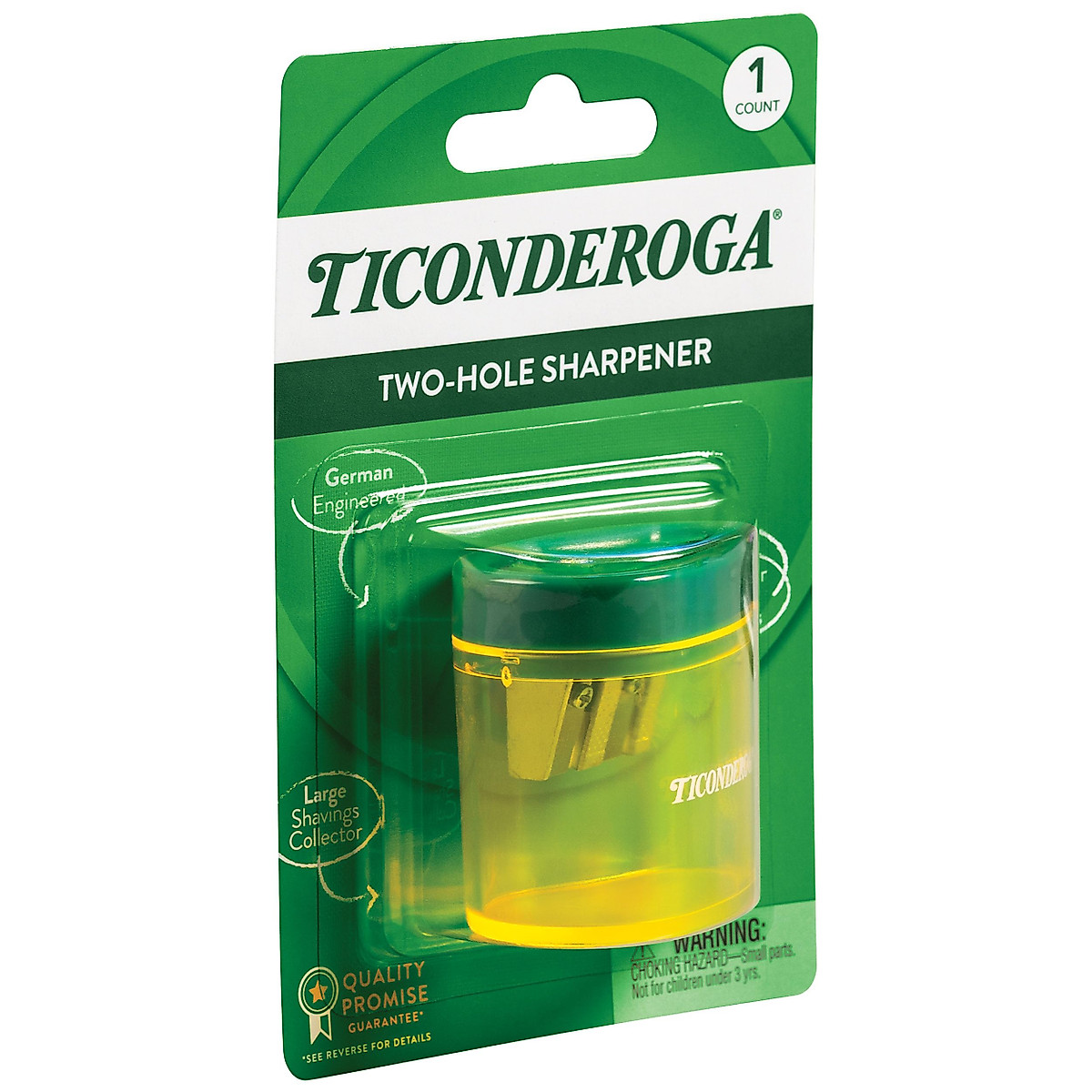 Ticonderoga Two-Hole Pencil Sharpener, Yellow and Green, 1 Count