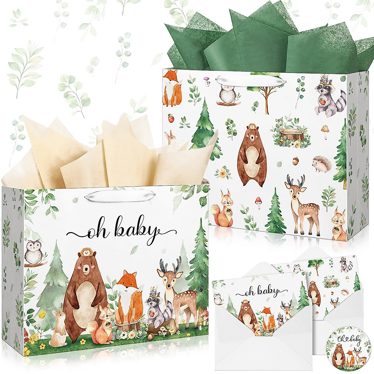 Buryeah 2 Pack 13" Large Baby Gift Bags with Tissue Paper Greeting Cards, Woodland Animal Paper Gift Wrap Bag with Handles and Envelopes for Baby Shower Kids Birthday Party