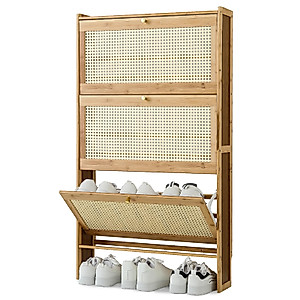 Magshion Narrow Shoe Cabinet for Entryway Slim Thin Bamboo Freestanding Shoe Storage with Flip Drawers for Hallway, Living Room, Bedroom (Natural, 47.5" x 27" x 7")