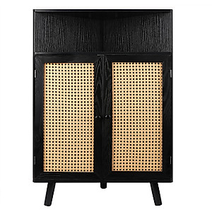ZYBT Rattan Corner Storage Cabinet, 4-Tier Cabinet with 2 Rattan Doors, Small Wood Corner Table Bar Cabinet, Small Space Freestanding Corner Shelf Stand for Living Room, Bedroom, Kitchen (Black)
