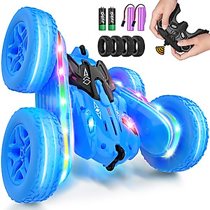 Jimdella Remote Control Car,RC Cars with sides light strip and Headlights,Double Sided 360 Flips Rotating RC Stunt Car,2.4Ghz All Terrain Toys for Ages 4-6 Kids Toy for Boys Girls Birthday Gift(Blue)