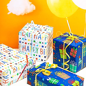 MAYPLUSS Birthday Wrapping Paper Roll - Mini Roll - 17 inch X 120 inch Per roll - Blue Gifts Design (42.3 sq.ft.ttl)
