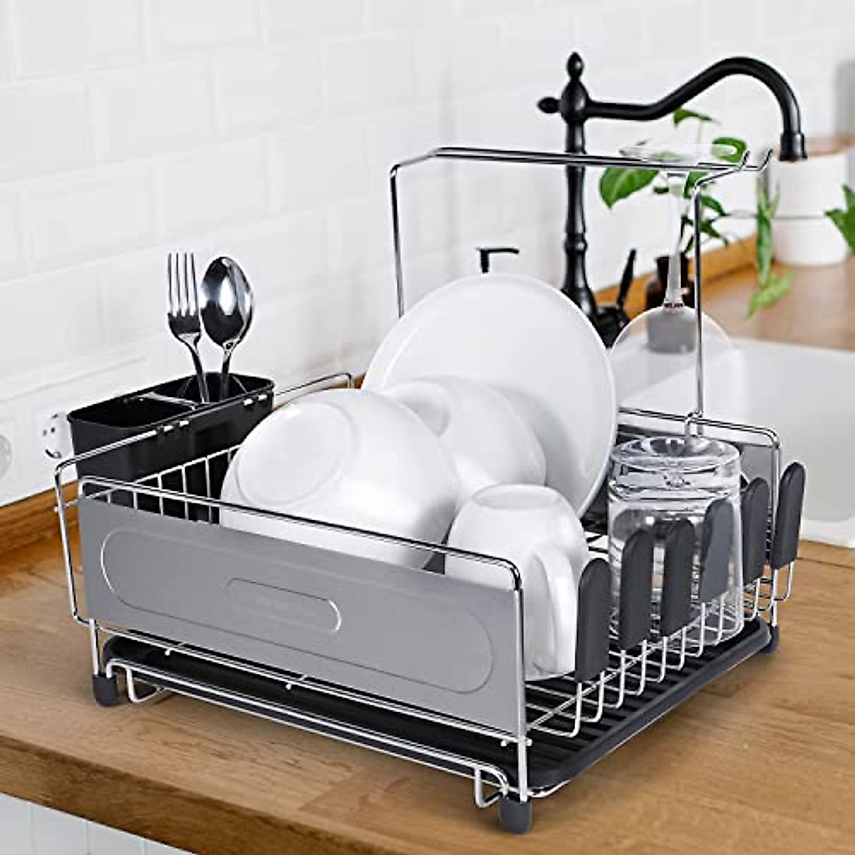 happimess DSH1000A Compact 17.25" Fingerprint-Proof Stainless Steel Dish Drying Rack, Dish Rack with Wine Glass Holder, Utensil Holder, Stainless Steel/Black, Silver/Black