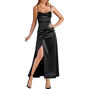 ANRABESS Women Formal Satin Elegant Spaghetti Strap Cowl Neck Bodycon Slit Sexy Prom Cocktail Wedding Guest Maxi Dress Evening Party Graduation Prom Dresses 923heise-S Black