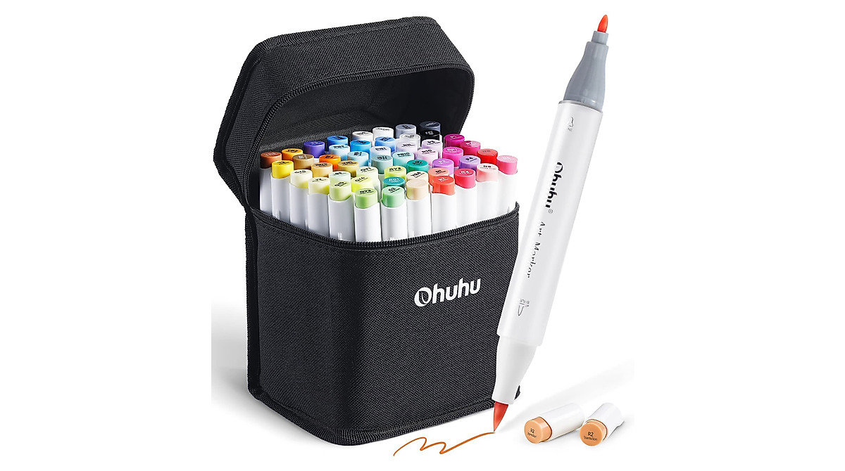 Ohuhu 48-Color Alcohol Brush Markers - Dual-Tip Set