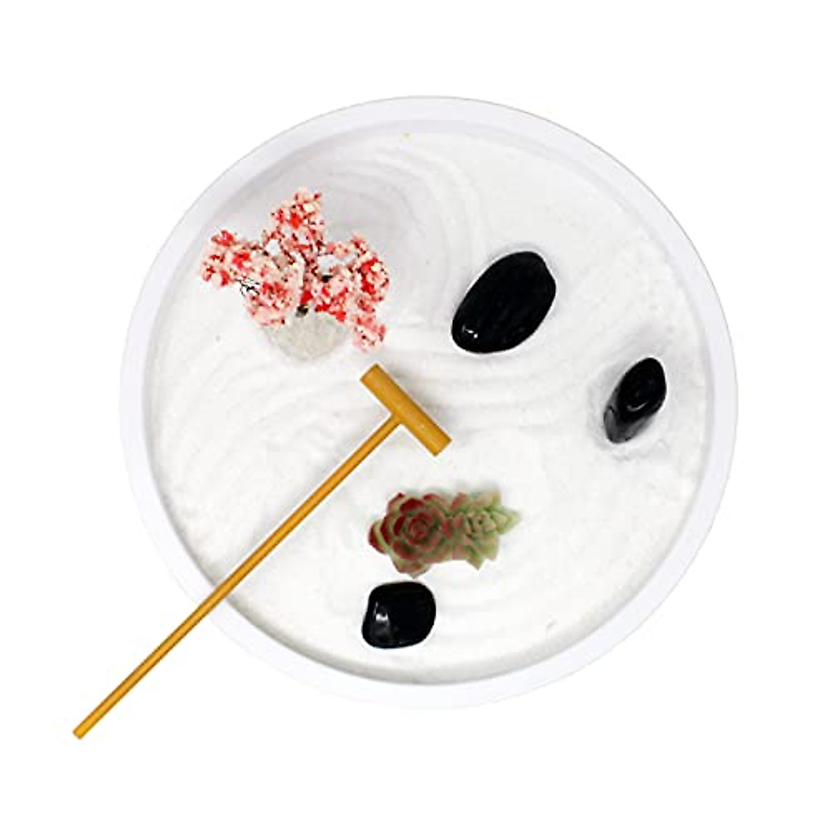 Nature's Mark Mini Zen Garden Kit for Desk with Rake, White Sand, Lotus Figures, White Round Base, Black River Rocks and Mini Blossom Tree (8Lx8W Round B)