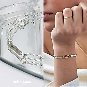 Oak & Luna - Personalized Ivy Name Paperclip Chain Braceket with Custom Inscriptions - Engraved Gift for Her, Women, Mom - Custom Jewelry for Mother's Day, Christmas, Birthday (Sterling Silver, Without Diamond)