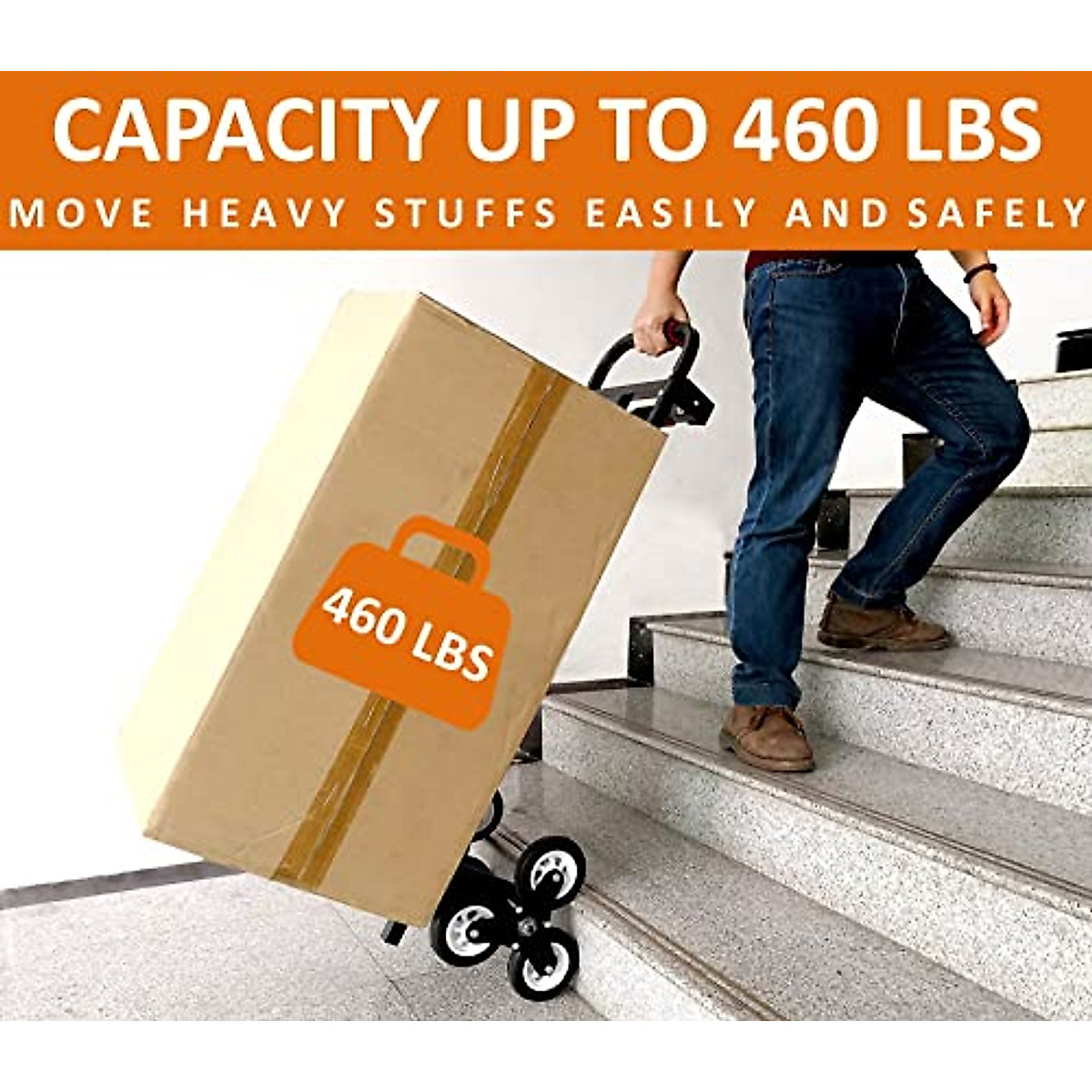 Mecete Hand Truck Dolly – Stair Climbing Cart, Stair Climber Cart 460 Lb Capacity All Terrain Stair Dolly Heavy Duty with Telescoping Handle and 6 Wheels (Black) Hand Truck 2 Climbing Ropes