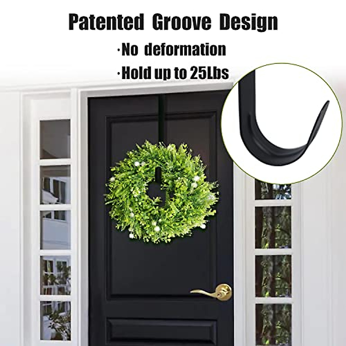 GameXcel 12" Wreath Hanger for Front Door - Large Wreath Metal Hook for Christmas Wreath Over The Door Single Hook, Black