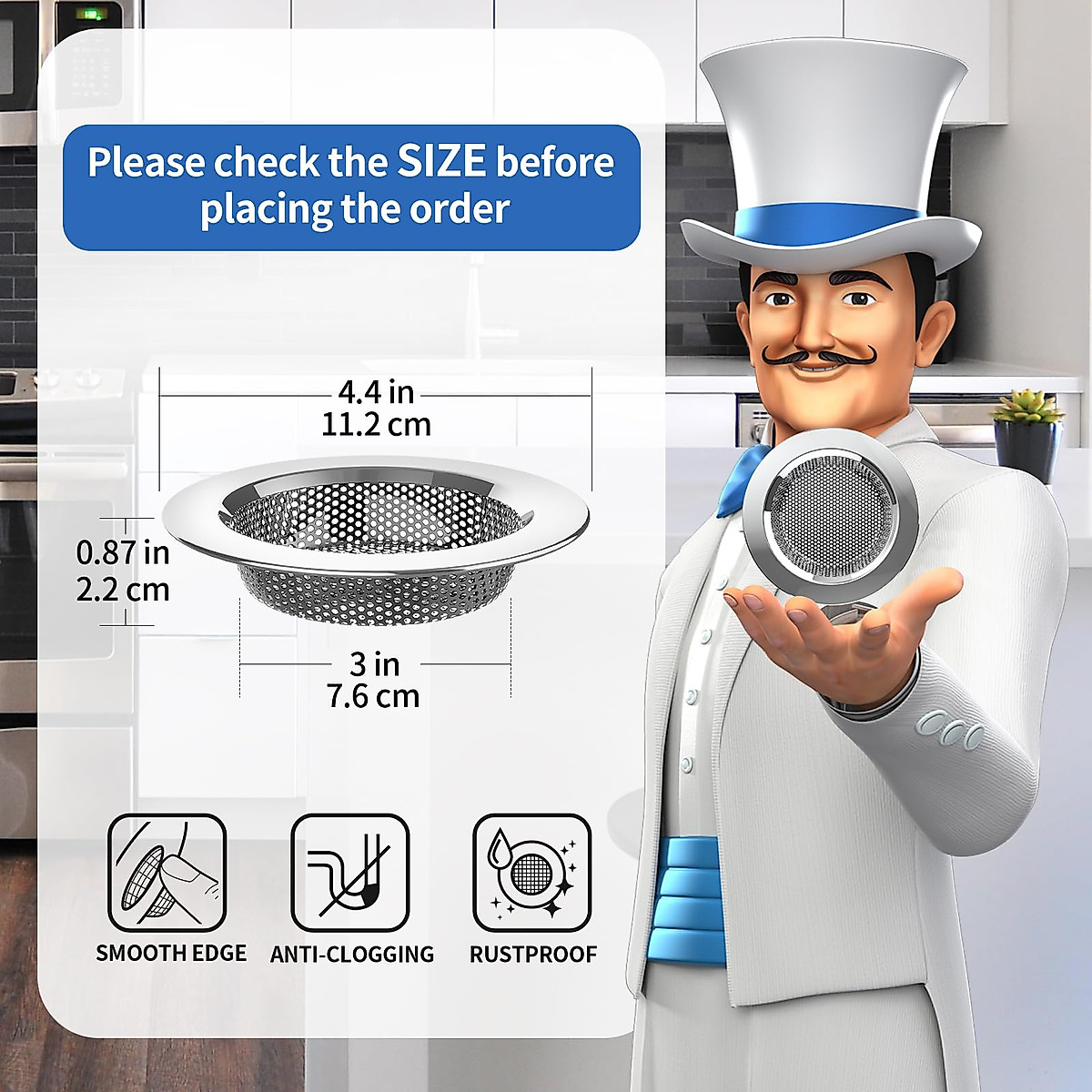 MR.SIGA Kitchen Sink Strainer, Stainless Steel Sink Drain Strainer, Dishwasher Safe, Outer Diameter4.4 inch/11.2cm, Inner Diameter 3 inch/7.6cm, Pack of 3