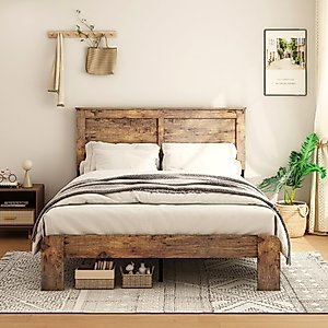 madeslves King Size Wooden Bed Frame with Headboard, Rustic Farmhouse Bedframe with Wood Slat Support, Sturdy Framework Platform Bed Frame, Easy Assembly (Rustic Brown)