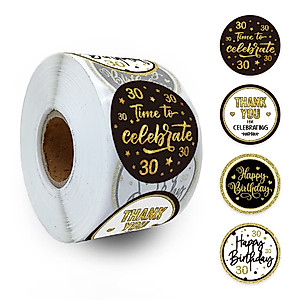 REWIDPARTY Gold 30th Birthday Stickers (500 per Roll, Round, Paper, Waterproof, 1.5'' Diameter) - Party Decorations, Anniversary, Classmate, Company Party Favors