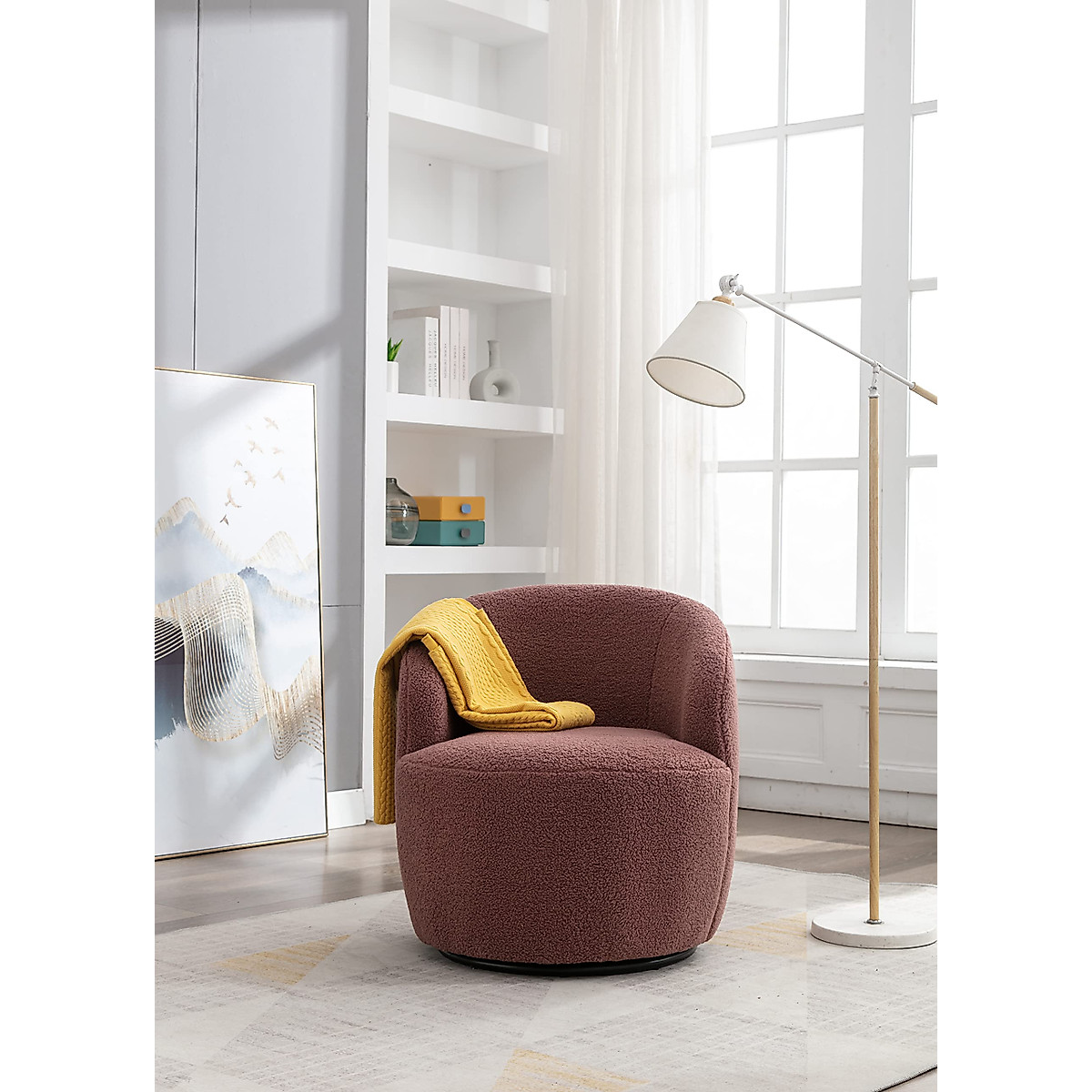 INMOZATA Swivel Barrel Chair, Teddy Fabric Swivel Accent Armchair Barrel Chair with Metal Base, Upholstered Comfy 360°Round Single Reading Chair for Living Room Bedroom,Red