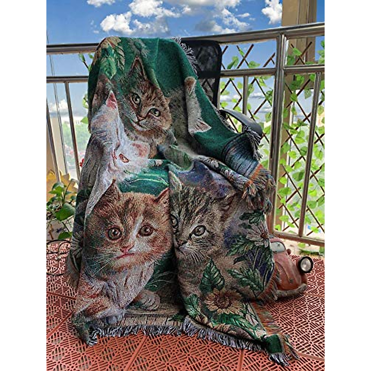 EZ.enjoy Garden Cat Flower Woven Tapestry Throw Blanket with Fringe 50X60 inches