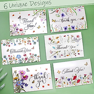 Anvin Thank You Cards 24 Pcs with Kraft Envelopes and Stickers Wildflower Design Blank Note Cards for Wedding, Business, Baby Shower, Funeral, Graduation, Bridal Shower (4x6 Inch)