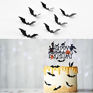 Halloween Happy Birthday Witch Cake Topper with 30 Pieces 3D Bats Cake Decoration Black Glittery Halloween Pumpkin Cake Topper Ghost Cake Picks for Birthday Halloween Party Supplies