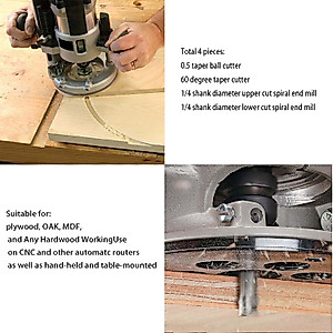 Sinoprotools 1/4 Shank CNC Router Bits Carving Set, CNC Wood Router Bits, CNC Router Kit End Mills,V Groove Engraving Router Bit, Cabinet Making Tools-4 Pcs