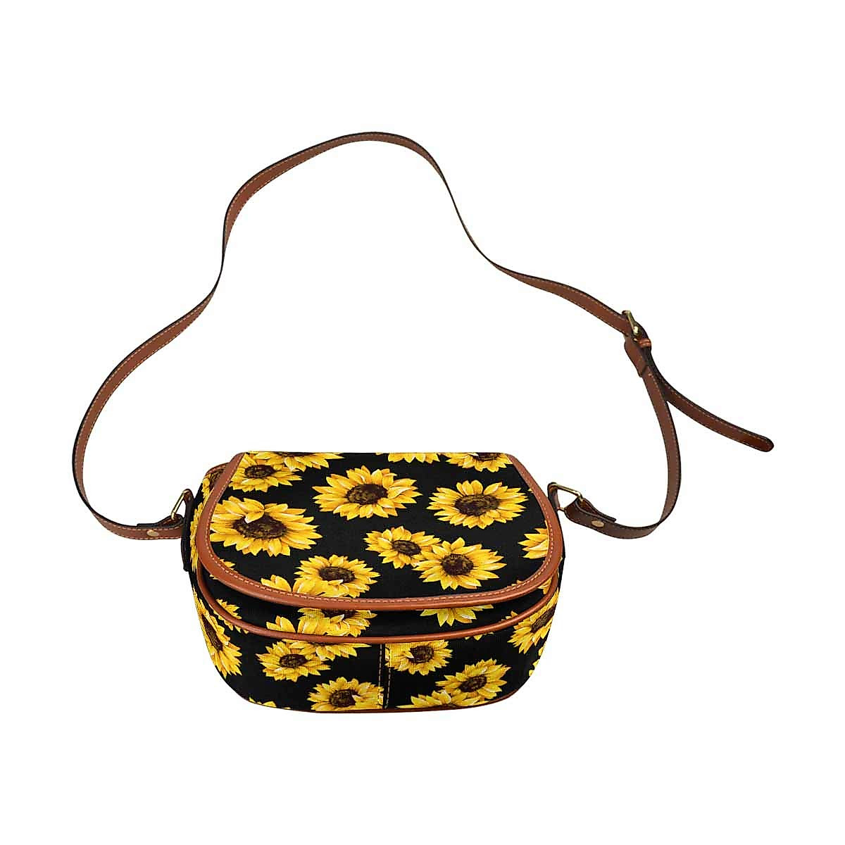 InterestPrint Sun-flower Pattern on Black Women Crossbody Bag Saddle Shoulder Bag Small Purse Satchel