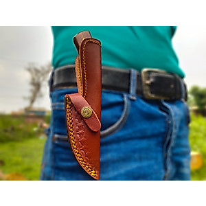 KNIFEIFY Polished Carbon Steel knife fixed blade -Handmade EDC Hunting Full Tang Bushcraft knife with Pakka wood knife Handle & Leather Sheath, camping knife survival Skinner outdoor knife (DARK BROWN)