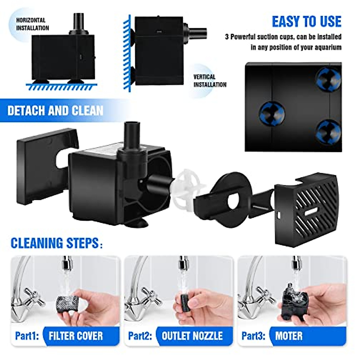 Upgrade Mini Submersible Water Pump, Reggory Small Fountain Pump(95GPH, 5W), Durable Aquarium Pump for Fish Tank, Hydroponics, Outdoor/Indoor.