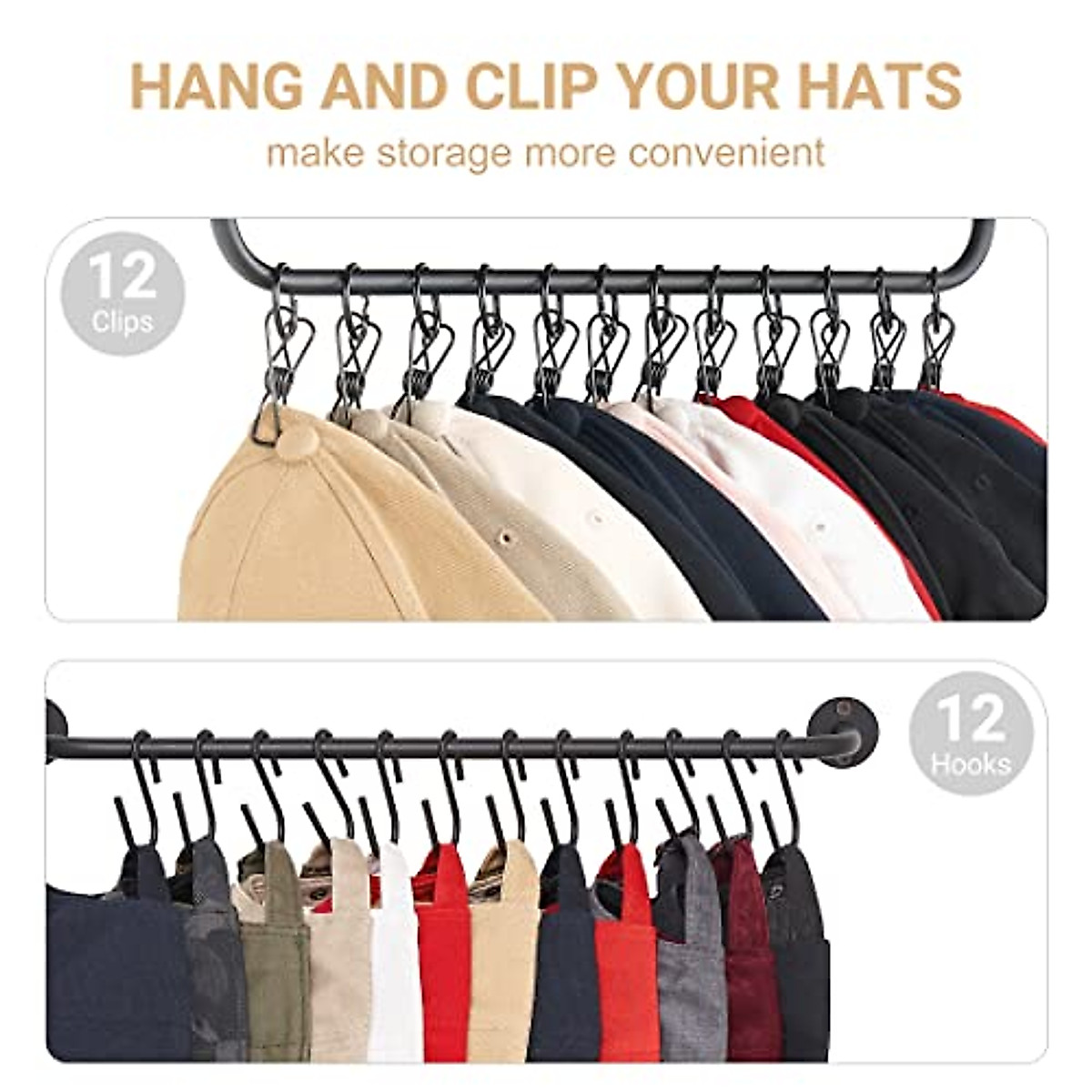 Mkono Hat Rack for Wall with Shelf 24 Baseball Caps Organizer with 12 Hook 12 Clips Wooden Hat Shelf Metal Hat Hanger for Baseball Hats and Accessories Storage, Cowboy Hat Rack for Closet Bedroom