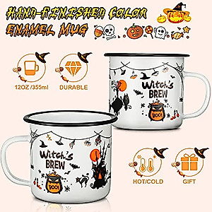 2 Pieces Halloween Enamel Campfire Mug Halloween Enamel Mug Coffee Cup Witch's Brew Halloween Gothic Cup Handfinished Enamelware Espresso Cups for Mountain Nature Outdoor Hiking (12 oz) (Cute Style)