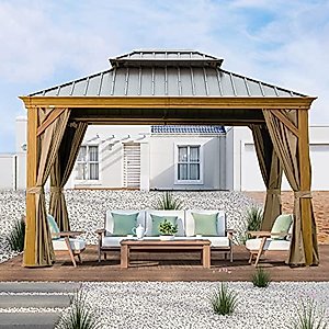 Domi Outdoor Living 10’x12’ Hardtop Gazebo, Wooden Coated Aluminum Frame Canopy with Galvanized Steel Double Roof, Outdoor Permanent Metal Pavilion with Curtains and Netting for Patio, Deck and Lawn