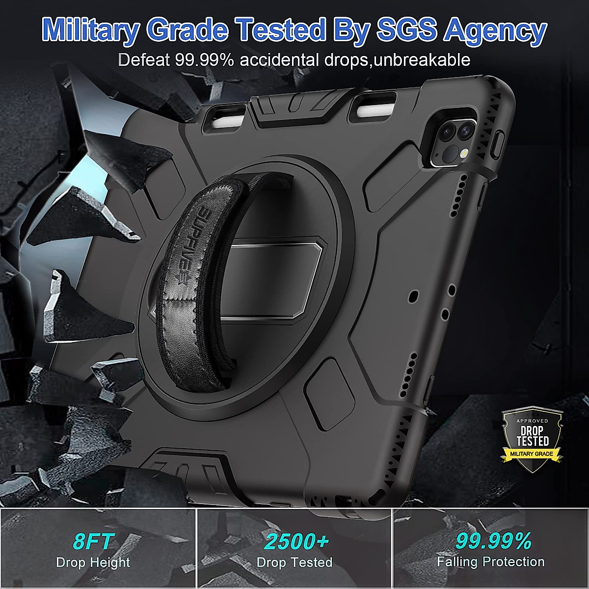 SUPFIVES Case for iPad Pro 12.9 2022 6th Generation: Upgraded Military Grade Shockproof Protective Silicone Cover for iPad 12.9 Inch 5th Gen 2021-Pencil Holder-Handle-Shoulder Strap-Kick Stand-Black
