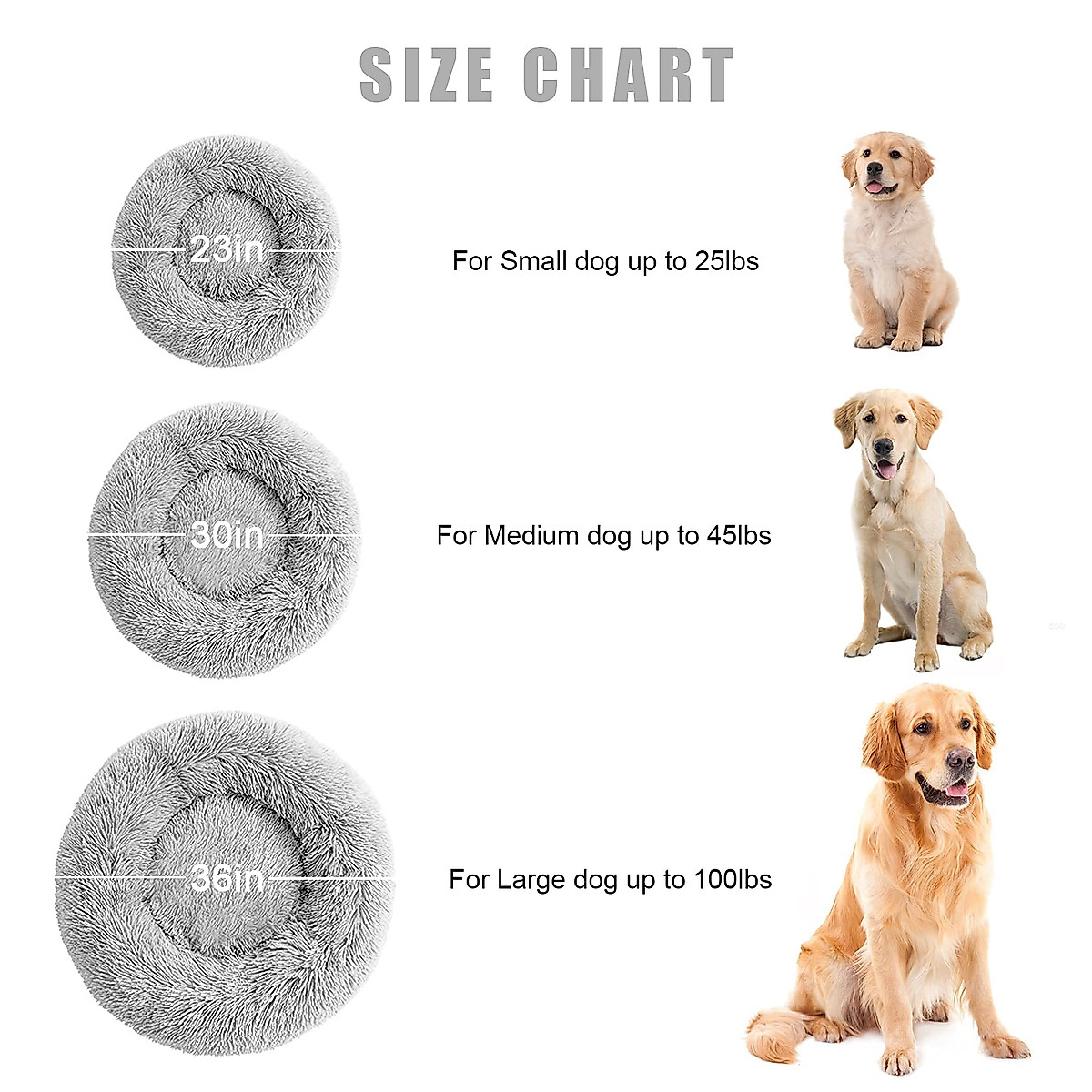Calming Dog Bed Cat Bed, Washable Round Dog Bed - 23/30/36 inches Anti-Slip Faux Fur Donut Cuddler Cat Bed for Small Medium Large Dogs - Fits up to 25/45/100 lbs - Waterproof Bottom