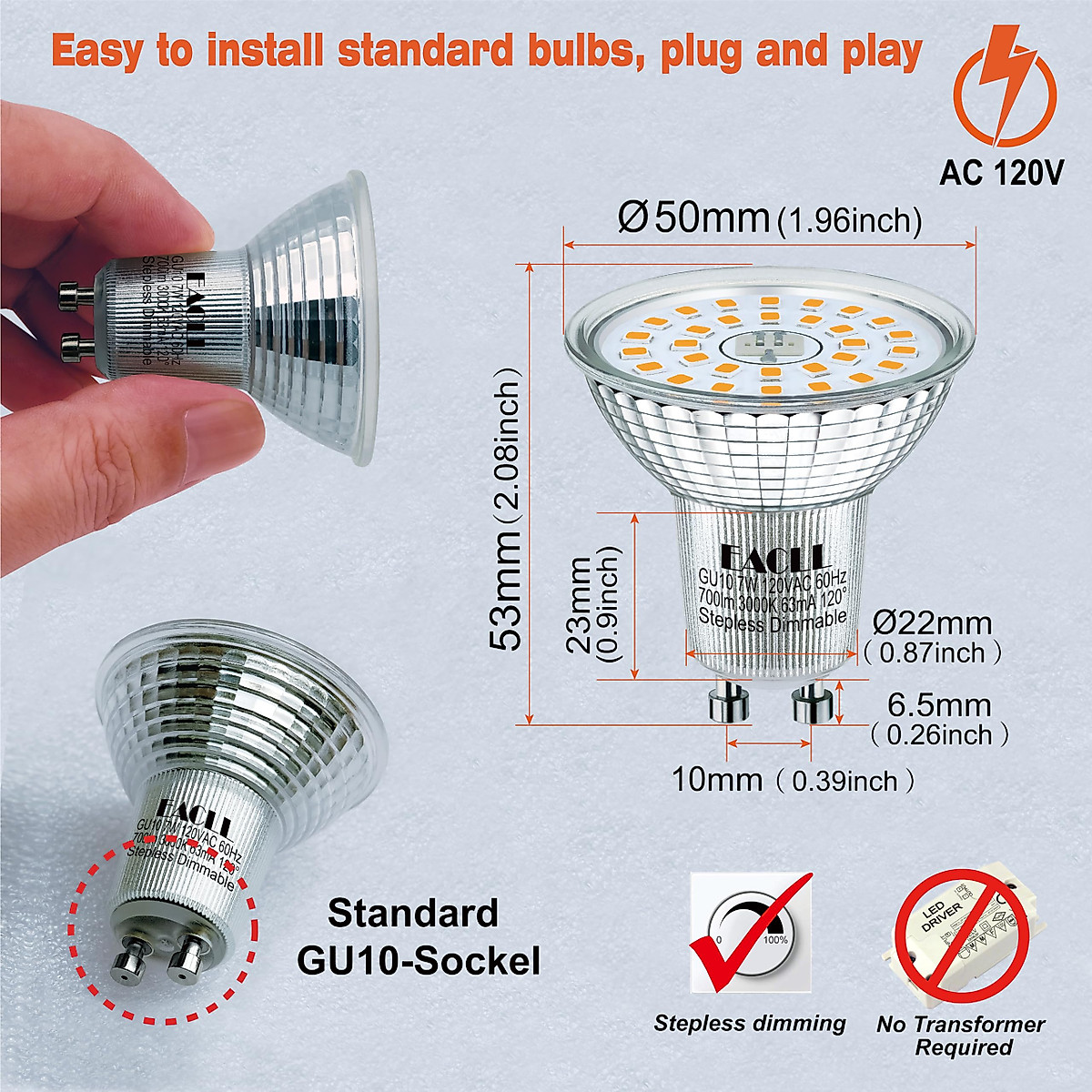 EACLL MR16 GU10 LED Bulb Dimmable, 3000K Warm White, 7W Equivalent 75W, 25,000 Hours Lifetime, Energy Efficient Soft White Light, 750 Lumens 120 Degree Flood Beam No Flicker Spotlight, 4-Pack