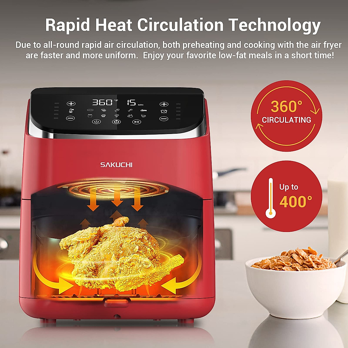 Sakuchi Air Fryer Large 5.8 Quart 10-in-1 Digital Air Fryer Oven Cooker with 10 Preset Cooking Programs, LED Touch Screen, Non-Stick Tray Basket, Pot Dishwasher Safe, 1500W (Red)