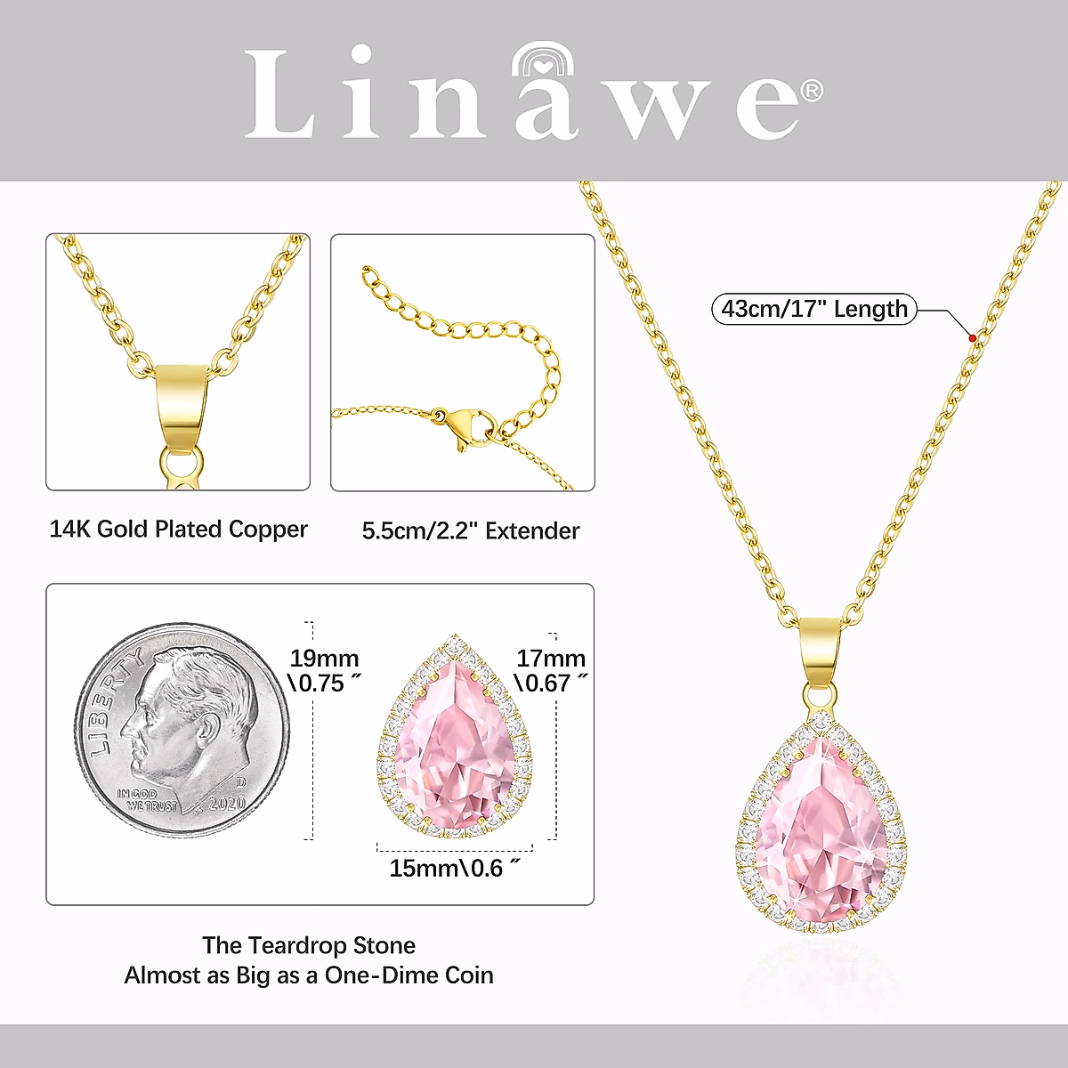 Linawe Pink Crystal Pendant, Gold Chain Imitation Diamond Cubic Zirconia Birthstone Rhinestone Teardrop Necklace, Preppy Bridal Wedding Bride Bridesmaids Boho Jewelry Set