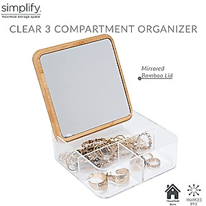 Simplify 3 Compartment Organizer with Bamboo Lid | Mirror | Perfect for Jewelry | Cosmetics | Accessories | Vanity & Countertop | Keepsake Storage Box | Clear