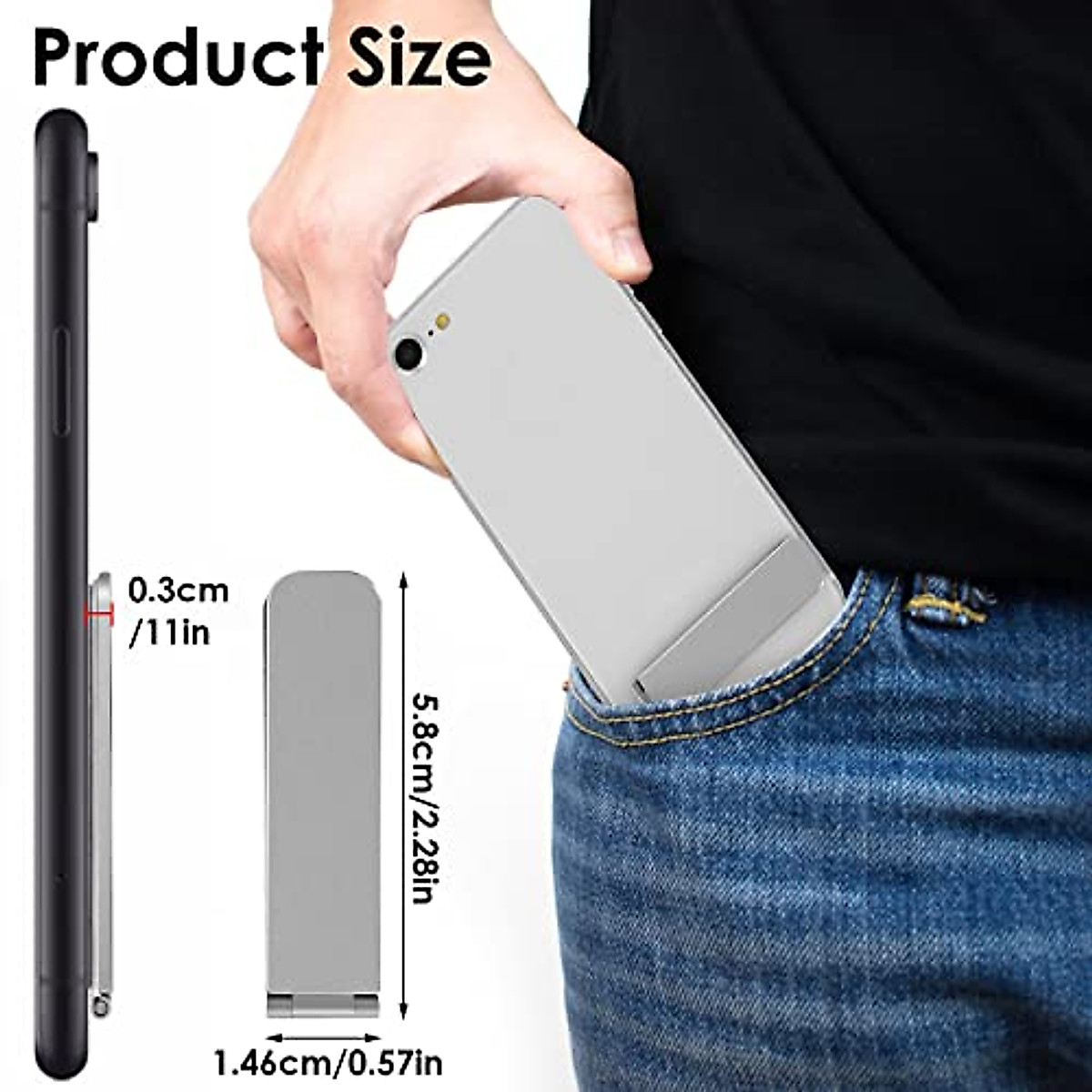 TIESOME Ultra-Thin Mobile Phone Holder, Foldable Mini Phone Kickstand Portable Phone Stand Adjustable Angle for Phone and Phone Case Universal Model (Silver)