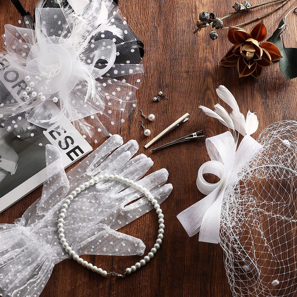 Zhanmai 12 Pcs Tea Party Accessory Fascinators Tea Party Hats and Gloves Wedding Women Girl White Headband Necklace