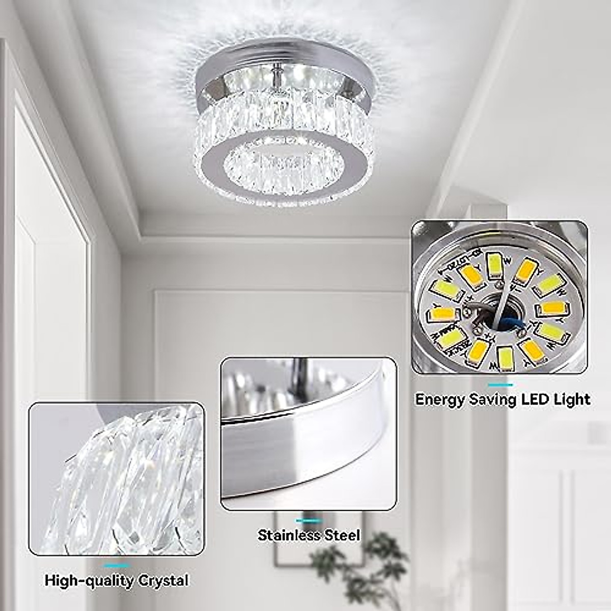 Finktonglan Modern Crystal Ceiling Light LED Mini Chandelier Flush Mount Ceiling Light Fixtures K9 Crystal Round Ceiling Lamp for Hallway Foyer Bedroom