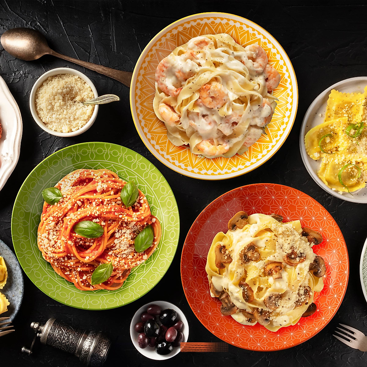 Annovero Bundle - Dessert Plates, Pasta Bowls. Cute and Colorful Stoneware Dishes for Kitchen, Microwave and Oven Safe. Bundle