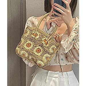 ZYYMMNN Casual Cotton Woven Bags Women Crochet Flower Handbag Hollow Tote Bags Hand-Woven Summer Hand Bag Vacation Straw Bag