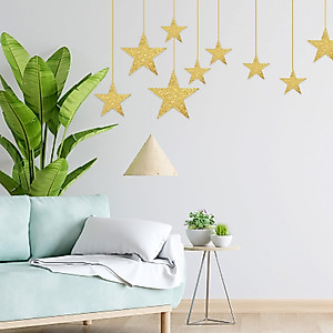 24pcs Gold Cardboard Stars Shining Cutouts Paper Stars Glitter Hanging Stars Decorations Confetti Cutouts Star Wall Decor 6/12/20/30cm & 50m Hanging Line for Valentine's Day Movie Night Party Decor