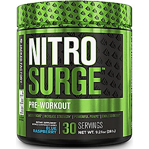 NITROSURGE Pre Workout Supplement - Energy Booster, Instant Strength Gains, Clear Focus, & Intense Pumps - Nitric Oxide Booster & Powerful Preworkout Energy Powder - 30 Servings, Blue Raspberry