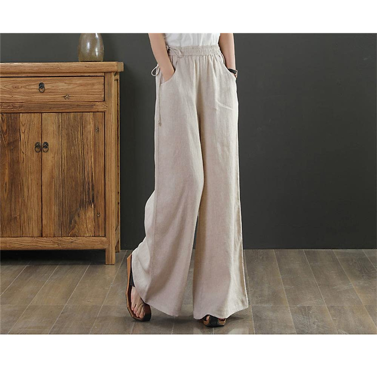 Les umes Women's Casual Wide Leg Long Pants High Waist Drawsting Loose Palazzo Pants Cotton Linen Beach Trousers Beige XL