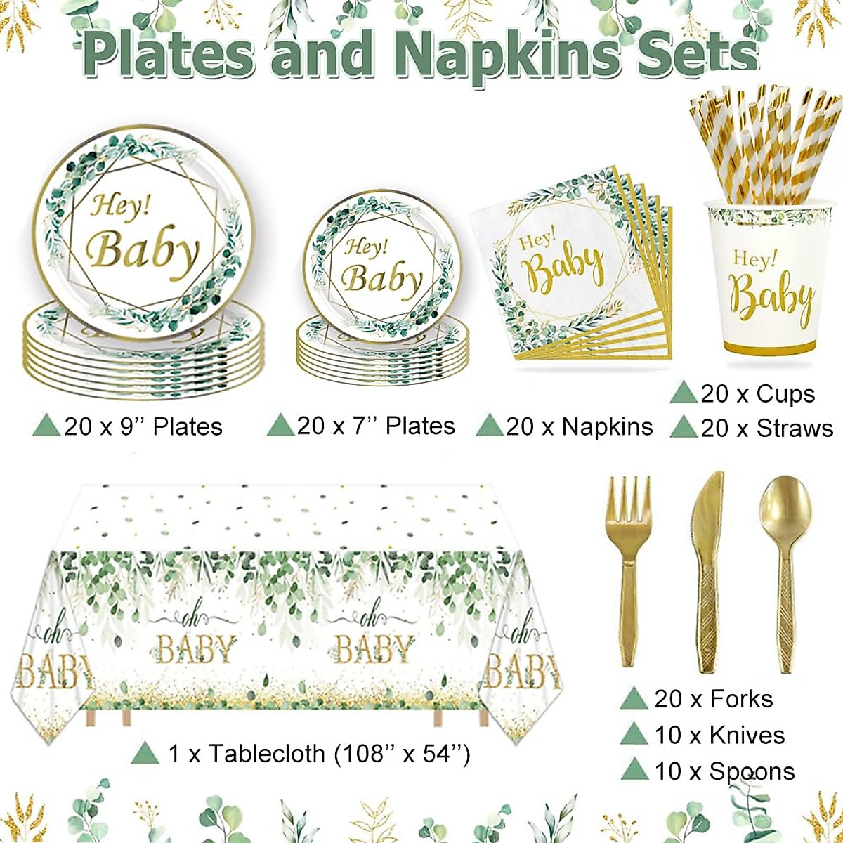 JerDorgo Baby Shower Decorations, 220 Pcs Sage Green Baby Shower Decorations Kits with Party Plates and Napkins Sets, Baby Shower Decor Party Supplies with Banner, Balloons, Sash, Cake Topper