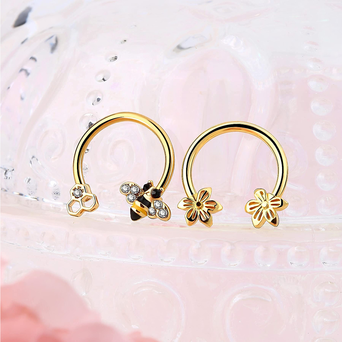 Jewseen 2PCS Septum Ring 16G 316L Surgical Steel Cartilage Earring Hoop Nose Ring Cute Bee Captive Bead Rings Tragus Daith Rook Helix Piercing Jewelry