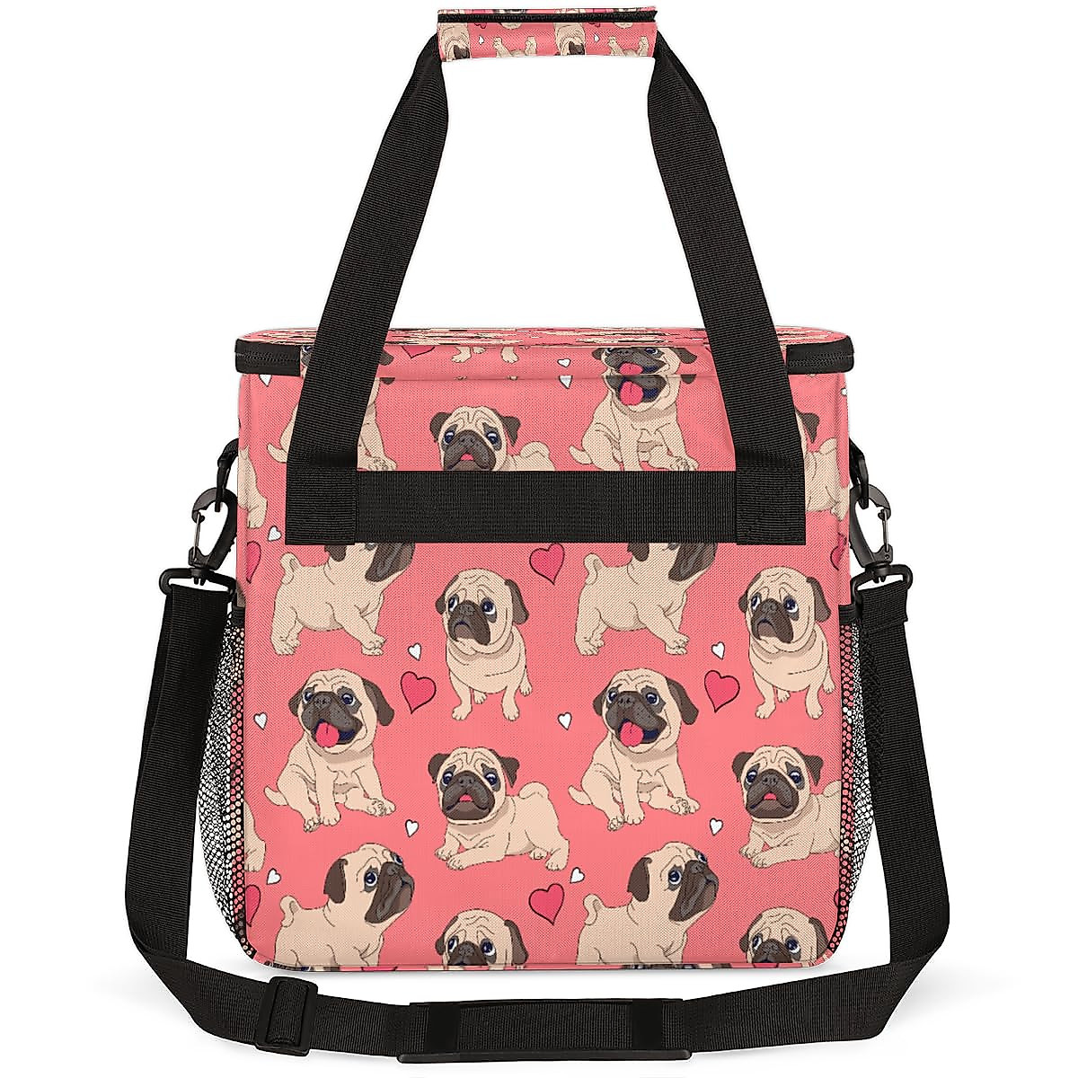 Cartoon Pugs Dogs Coffee Maker Carring Bag Pink Background Travel Carrying Tote Bag Compatible with Keurig K-Mini or K-Mini Plus Portable Single Serve Coffee Brewer Case with Pockets for K-cup Pods