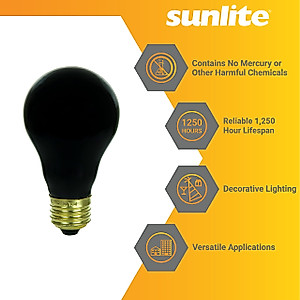 Sunlite 41744 Incandescent A19 Black Light Bulb, 75 Watts, E26 Medium Base, Dimmable, Party Decoration lamp, Holiday Lighting, Household Lighting, Mercury Free, Black, 12 Count