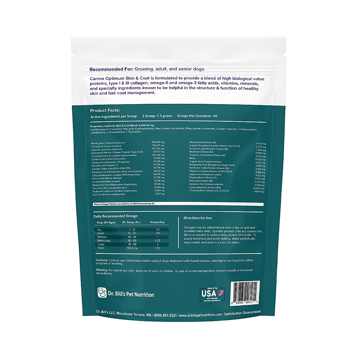 Dr. Bill’s Canine Optimum Skin & Coat (680g) – Fish Oil Omega-3 Fatty Acids Dog Supplement with Biotin, Type I & III Marine Collagen, Hyaluronic Acid & Folic Acid