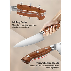 HEZHEN Pro Chefs Knives 8.3 Inch,High Carbon German 1.4116 Steel,Stainless Steel Rivets with Red Wood Handle，Razor Sharp,Super Edge,with Woodern Knife Sheath