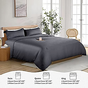 NEXHOME PRO 100% Organic Bamboo Duvet Cover Set Queen - Lightweight Summer Cooling Comforter Cover for Hot Sleepers 90"x90" 3pcs Breathable Dark Grey Bedding with Corner Ties,Zipper Closure,No Insert