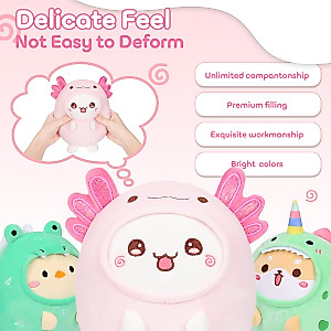 Mikchocho Cute Plush Axolotl Cat Stuffed Animal Pillow, 8" Soft Kawaii Kitten Plushie with Pink Axolotl Salamander Outfit Gift for Kids