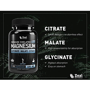 Premium Chelated Magnesium Glycinate, Malate, Citrate (400mg | 180 Capsules) Triple Blend Magnesium Complex